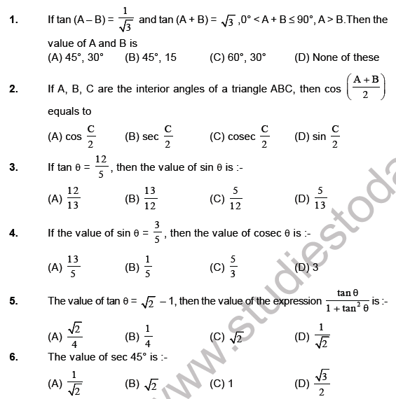 CBSE Class 10 Mathematics Introduction to Trigonometry MCQs Set C ... CBSE Class 10 Mathematics Introduction to Trigonometry MCQs Set C ...